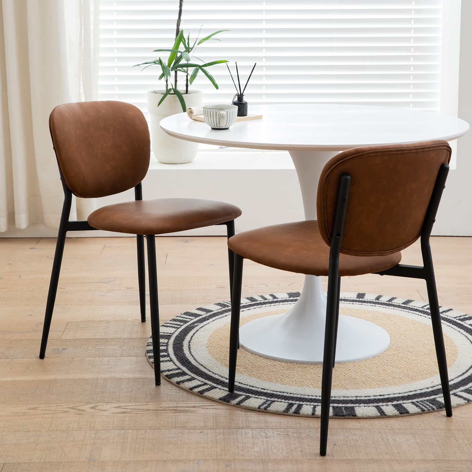 MFFM Leather Upholstered Modern Dining Chairs Set of 2,Metal Legs for Kitchen Dining Room Chair,Bedroom,Living Room Chairs (Brown)