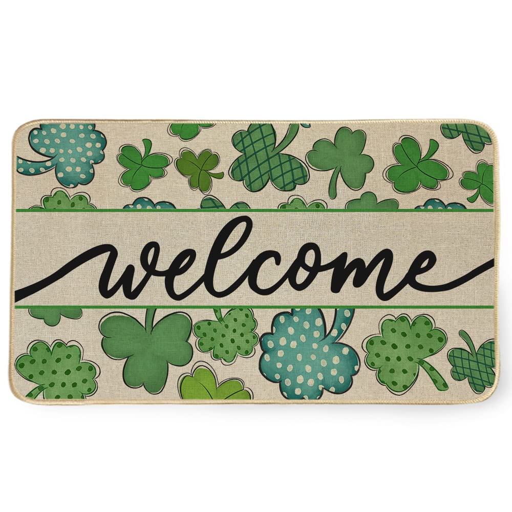 St Patricks Day Decorative Doormats, Seasonal Spring Welcome Green Lucky Shamrock Rugs Holiday Low-Profile Floor Mat Switch Mat for Indoor Outdoor 17 x 29 Inch DM051