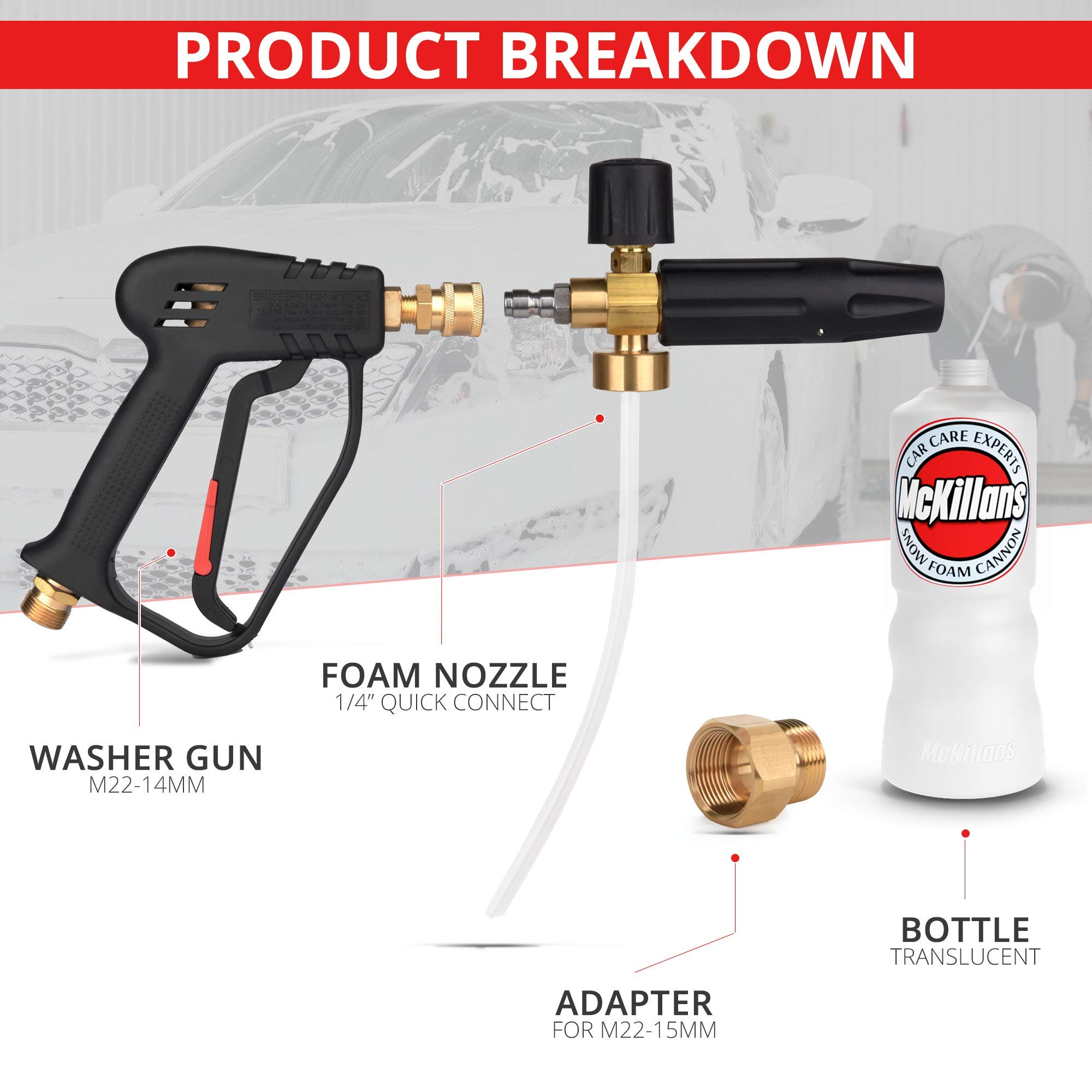McKillans Professional Snow Foam Cannon Adjustable Lance Pressure Washer Jet Wash with 1/4” Quick Connector … (Cannon + Washer Gun)