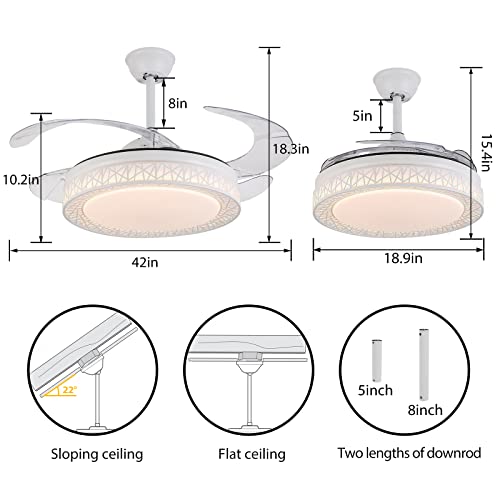 Panghuhu88 42" Invisible Ceiling Fan Chandelier with Light,Modern Crystal Ceiling Fan Light Remote Control 4 Retractable ABS Blades for Bedroom Living Dining Room Decoration