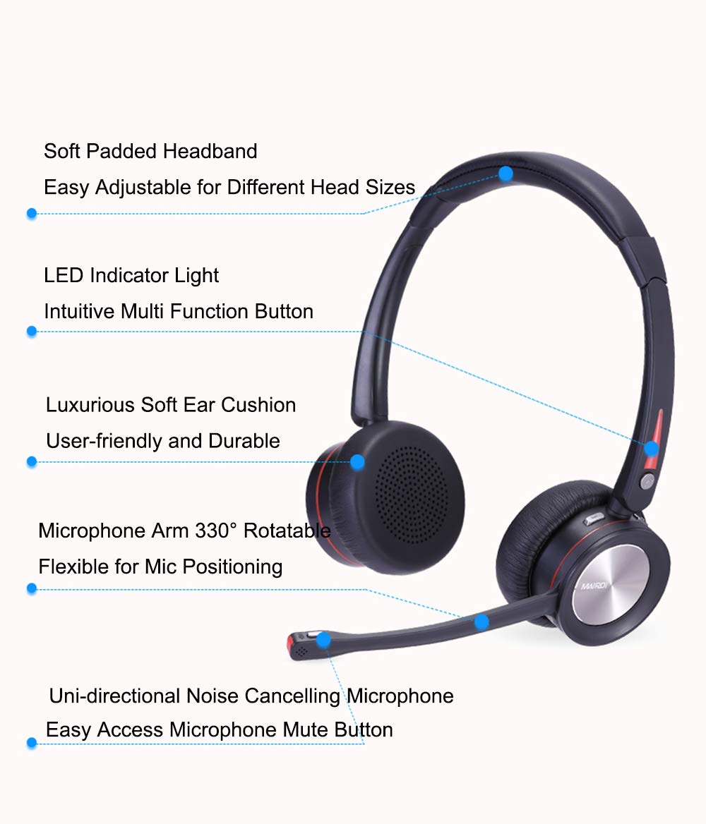 MAIRDI Wireless Headset with Noise Canceling Microphone for Office, Over The Head Truck Headset Wireless Headphone for Cell Phone
