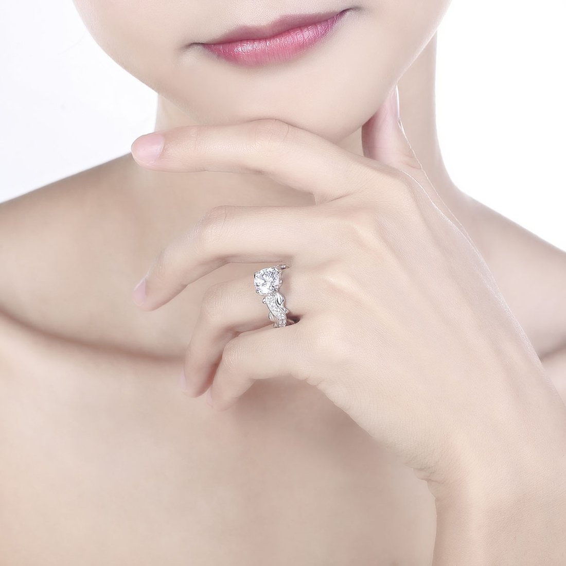 Merthus 925 Sterling Silver Rings 8x8mm Cubic Zirconia Bridal Ring Sets | Solitaire Wedding Ring Band | Vine Leaf Stackable Rings for Women