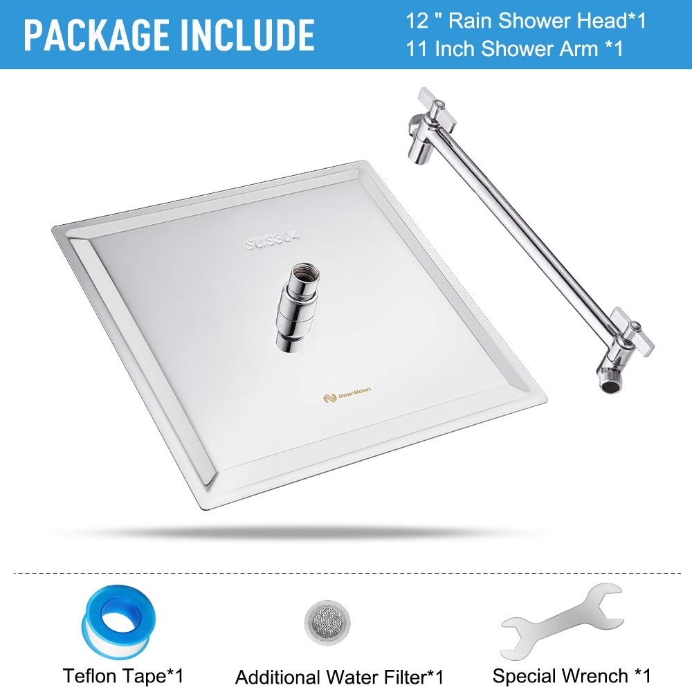 Rain Shower Head with 11’’ Adjustable Extension Arm, Large Stainless Steel High Flow Rainfall Square Shower head, Bath Shower Waterfall Full Body Coverage (12 Inch Showerhead with Arm, Chrome)