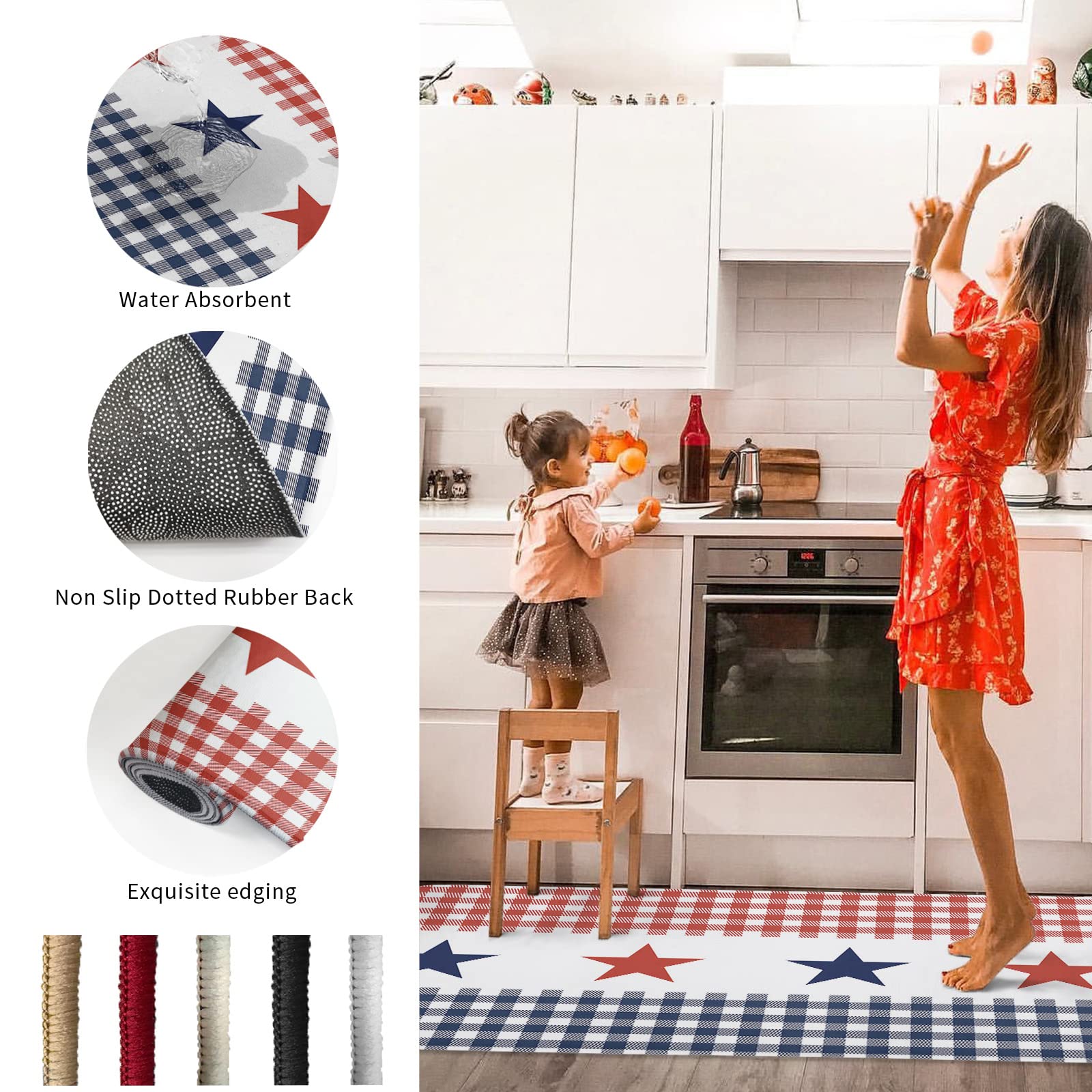 Rampower Kitchen Rugs, Independence Day Star Blue Red Plaid Buffalo Check 4th of July Non Slip Runner Rug Mat for Floor, Kitchen, Bedside, Sink, Office, Laundry, 19.7"X47.2"