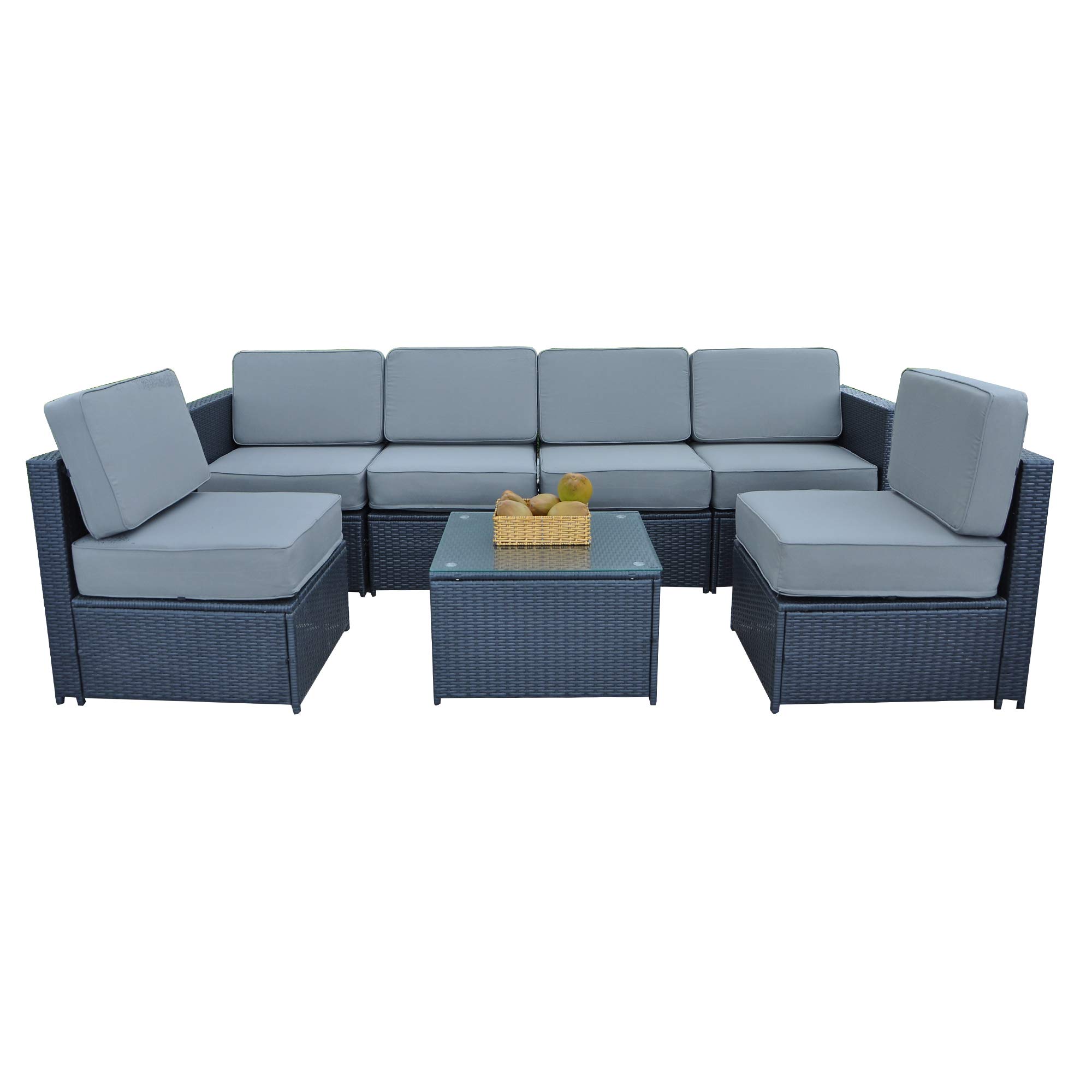 MCombo Patio Furniture Sectional 7 Pieces Wicker Sofa Set Outdoor Seating Couch Black Rattan Conversation Chair with Tea Coffee Table and Cushions Clips 6085 (Grey)