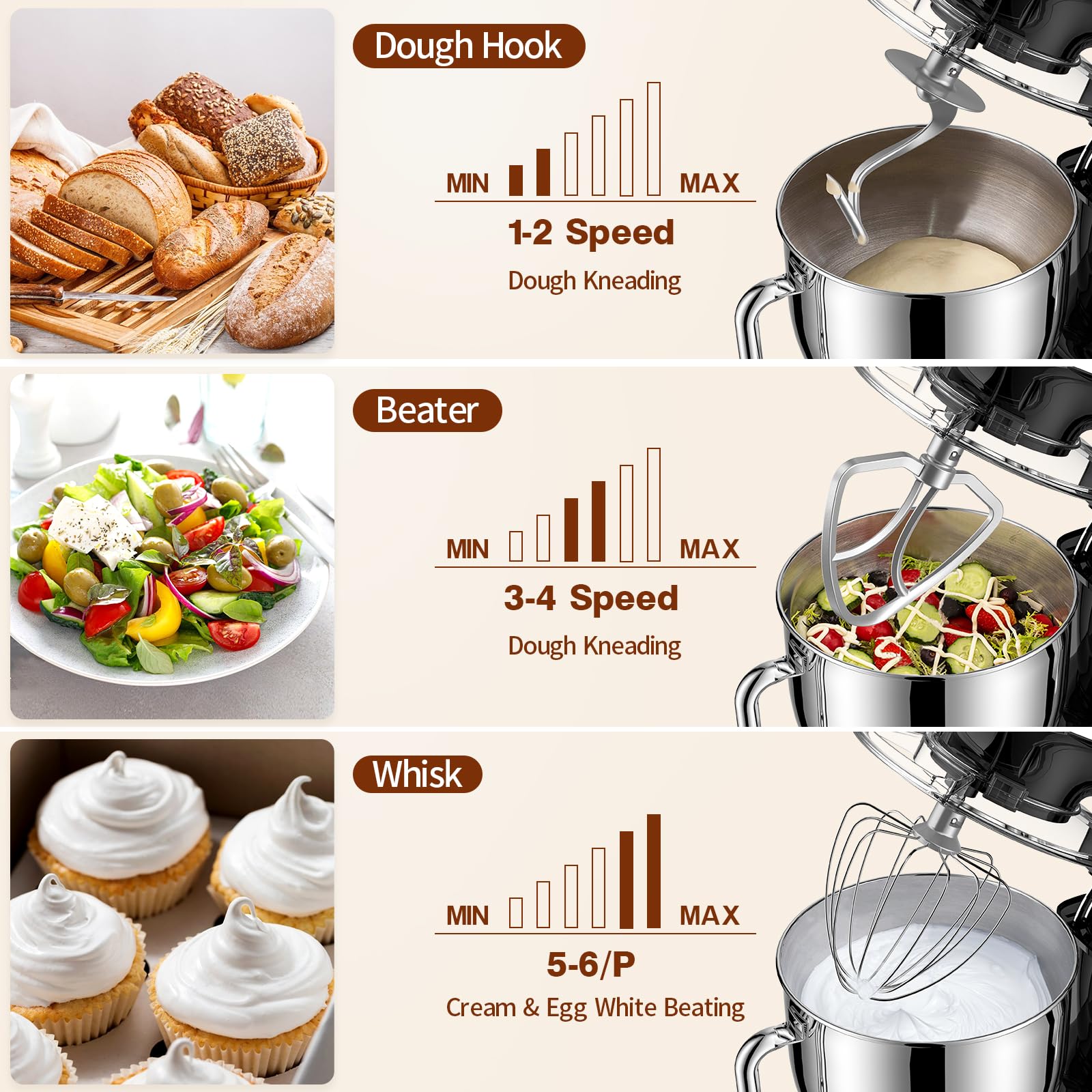 Stand Mixer CWIIM 8.5Qt 660W mixers kitchen electric stand mixer 6+P Speed stand up mixer with Dough Hook, Flat Beater, Whisk, Splash Guard, for dough mixer Baking Bread Cake Cookie Salad Egg (Black)