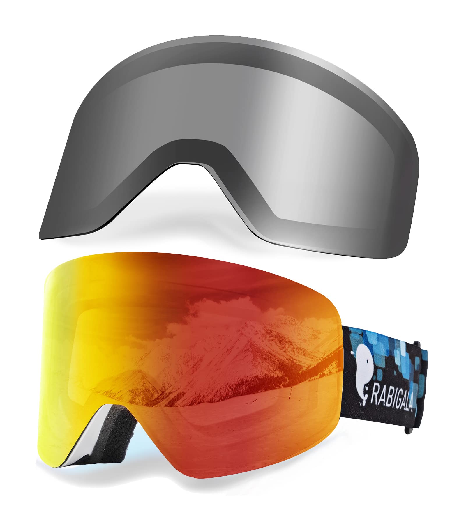 RABIGALA Ski Goggles with Detachable Lens, Frameless Magnetic Interchangeable Lens Anti-Fog 100% UV Protection Snowboard Snow Goggles (revo/silver)