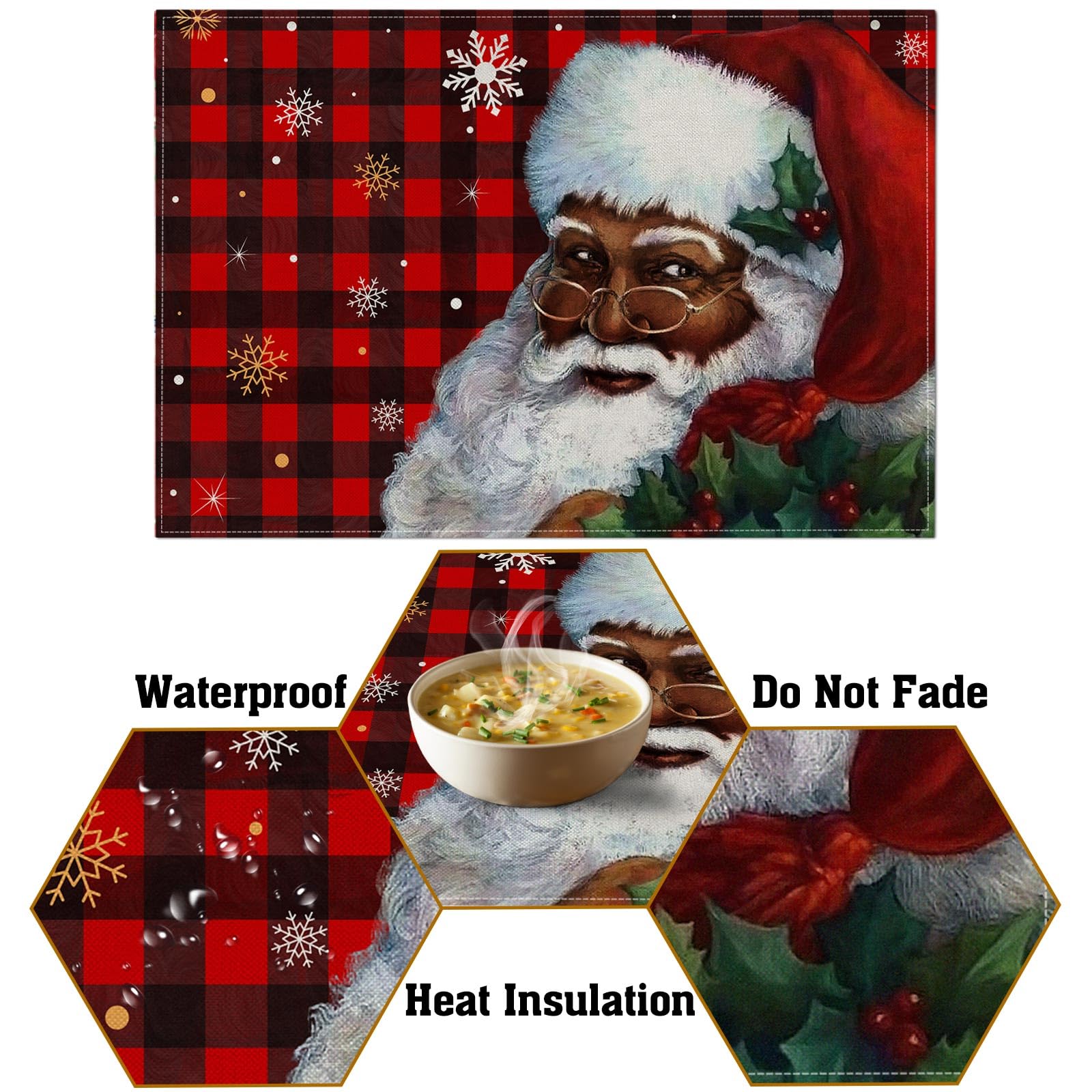 Nepnuser Linen African American Christmas Placemats Set of 4 Buffalo Plaid Black Santa Claus Place Mats for Home Kitchen Dining Table Decoration