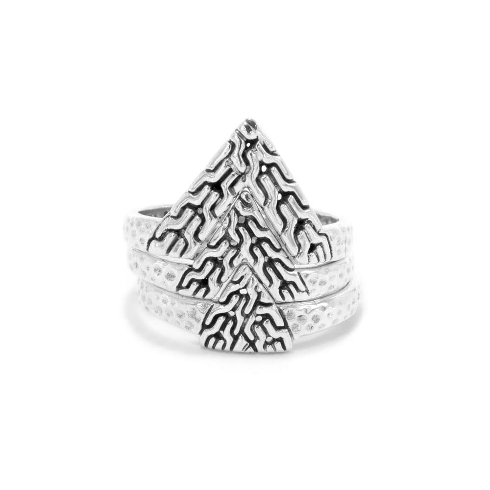 Sarda - .925 Sterling Silver 21mm Chainlink & Hammered Chevron Three Stackable Rings Set - Handmade by Bali Artisans - Size 8