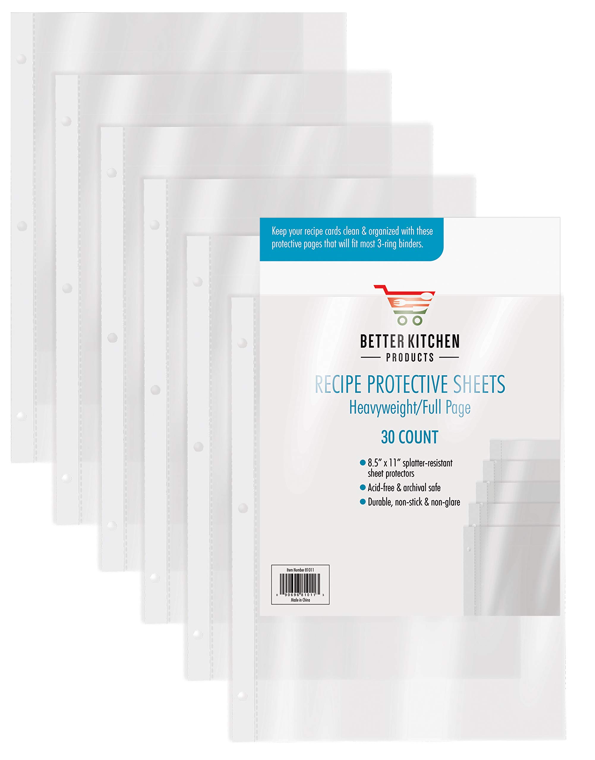 Recipe Sheet Protectors Full Page, 8.5 x 11 inch, 30 Pack, Heavyweight, Top Load, by Better Kitchen Products, Page Protector Binder Sheets, 3-Hole Punched, for Recipe Binders, 30 Pack
