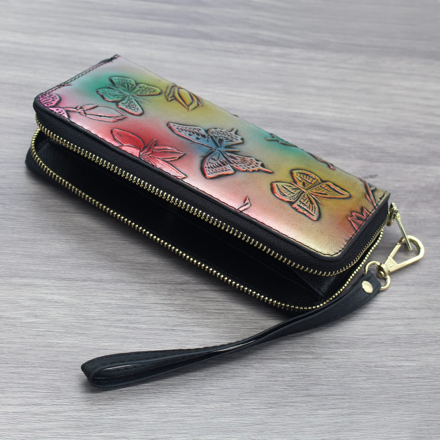 Wei Long Women RFID Blocking Wallet Embossed Leather Wristlet Zipper Clutch Bag Purse with Hand Strap(Butterfly,Red)