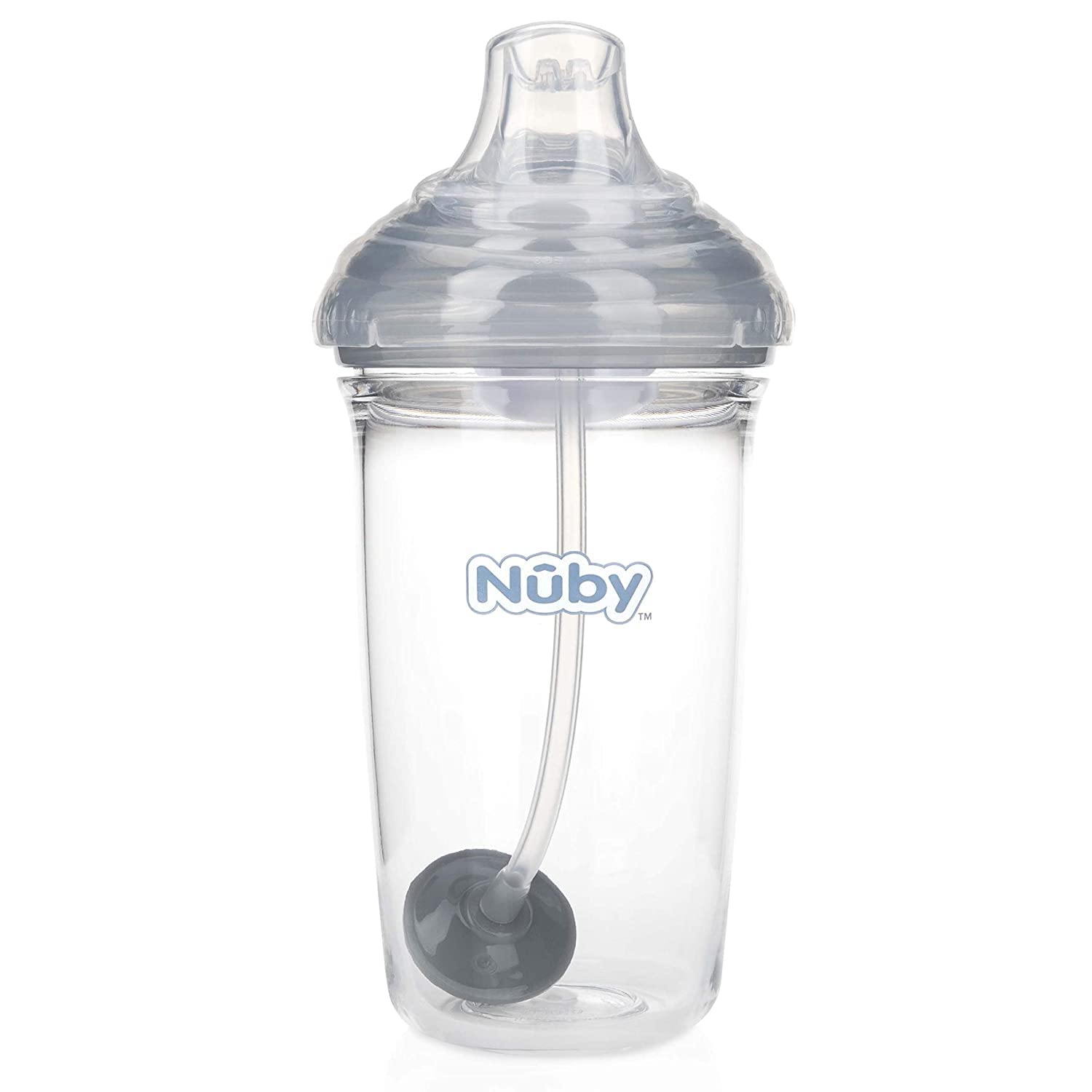 Nuby Tritan No-Spill Trainer Cup with Silicone Spout & 360 Weighted Straw with Hygienic Cover, 2 Pack (Pink, Gray)
