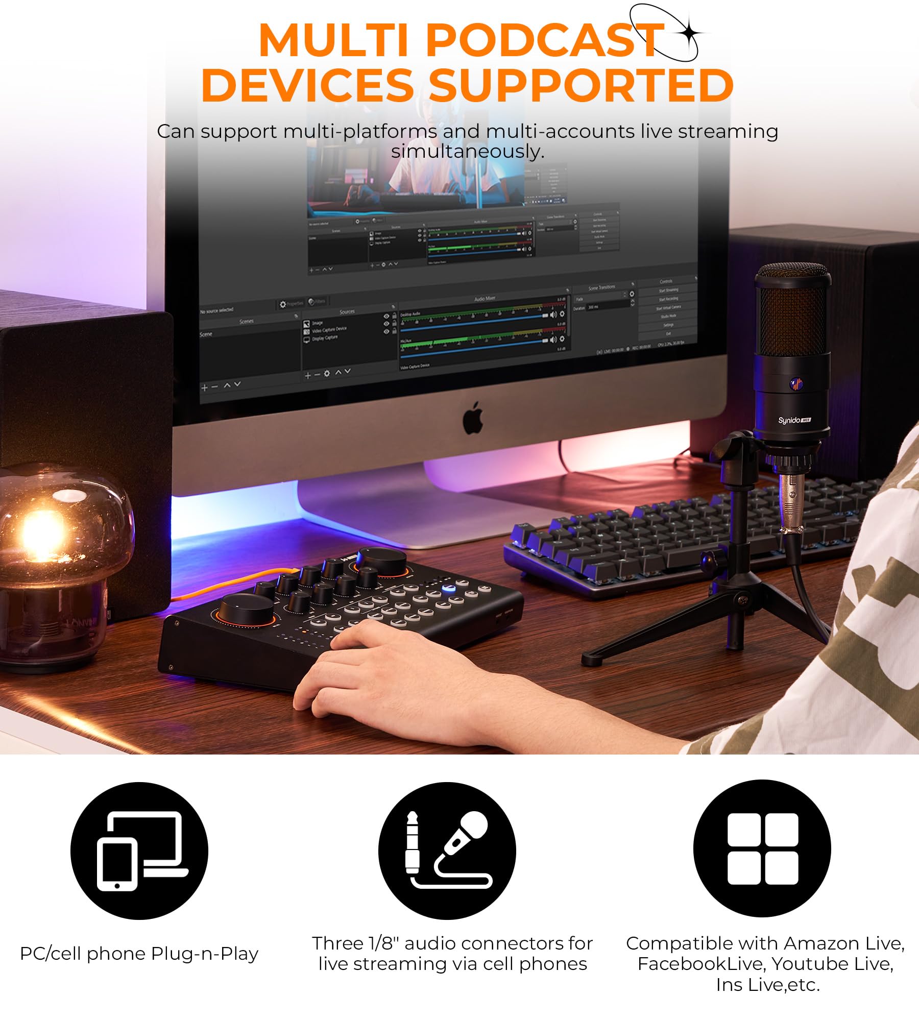 Synido Podcast Equipment Bundle All-in-One Live Sound Card Podcast Production Studio Audio Interface with 48V Phantom Power, Condenser Microphone for Live Streaming, Guitar, Voice Over, PC, Black