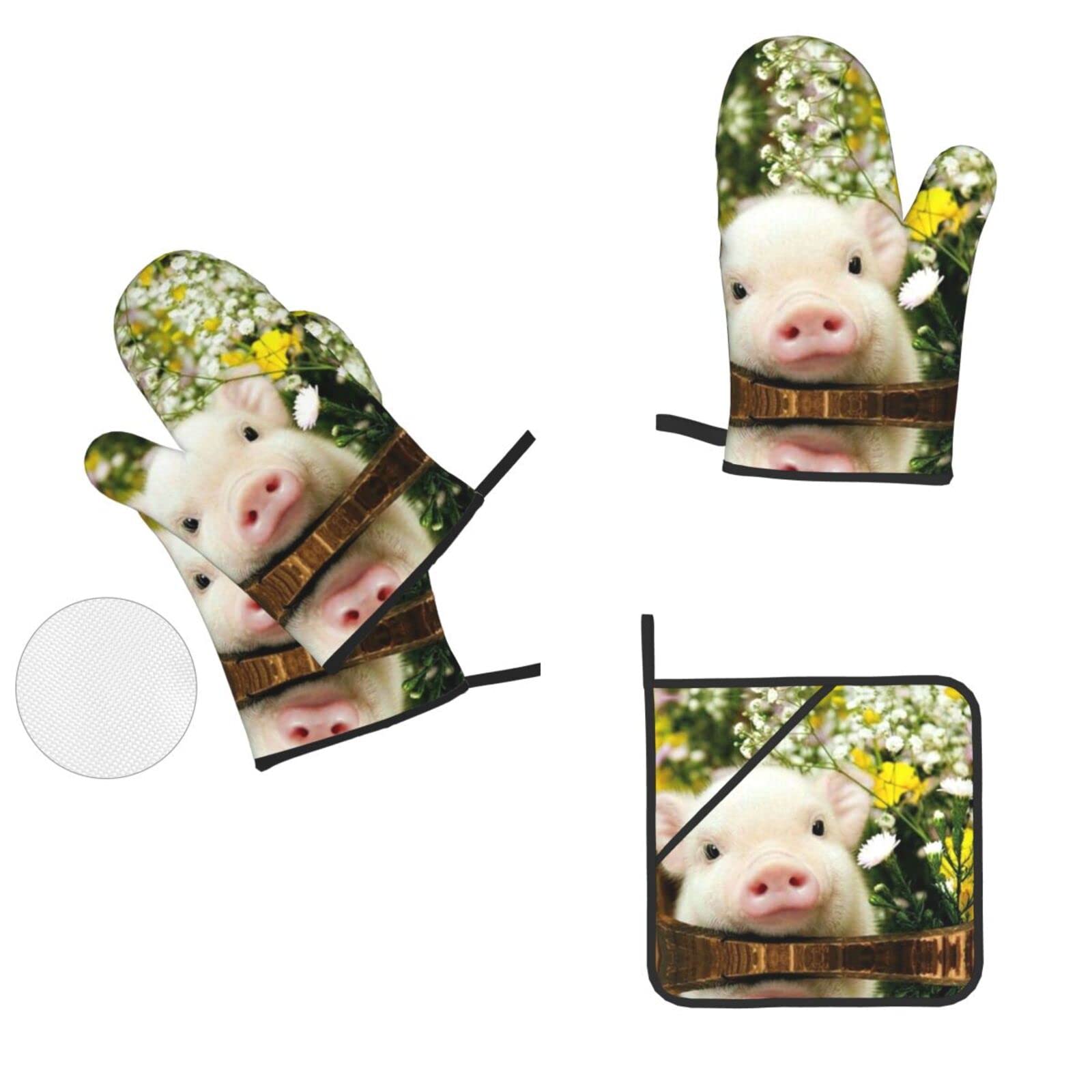 Rape Flower Pig Extra Long Oven Gloves and Hot Pads Set 4pcs for Cooking and Baking with Pockets