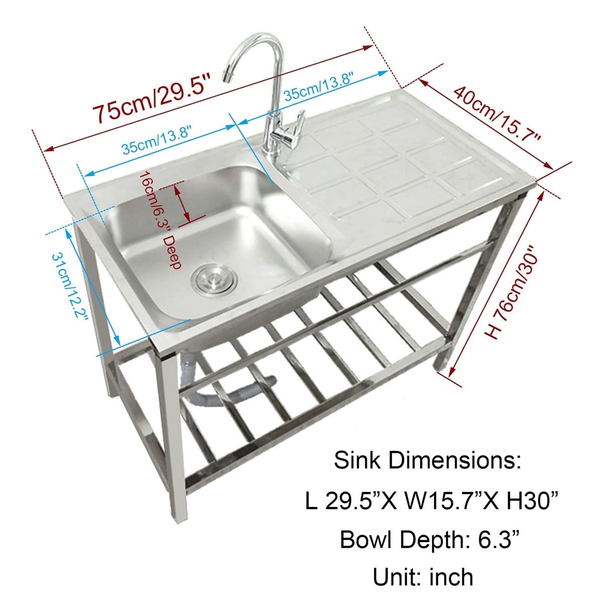Stainless Steel Laundry Sink, 1 Compartment Single Bowl Kitchen Utility Sink, Commercial Workstation Sink Basin for Outdoor Garage Restaurant Kitchen Room, Inner Size 13.8"L x 12.2" W x 6.3"D