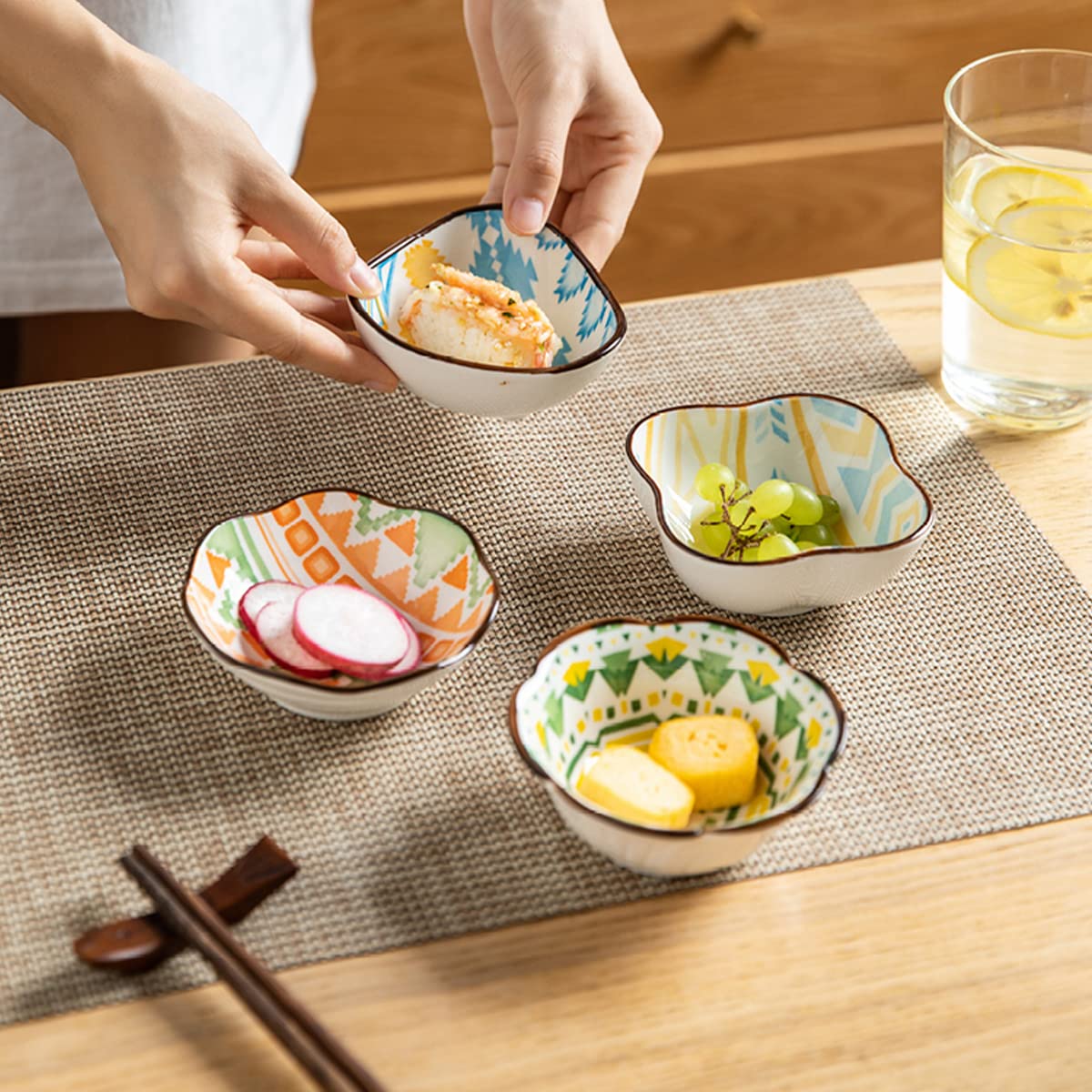 RareCi Dip Bowls 4 Oz - 6-Pack Little Dipping Bowl Set - Mini Ceramic Bowl - Small Condiment, Appetizer, Snack, Soy Sauce Dish - Cute Serving Bowls for Parties(Lotus)