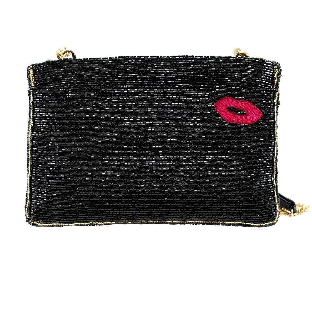 MARY FRANCES Kiss Me Beaded Lipstick, Embroidered Kisses Top-Zip Cross-Body Mini Handbag