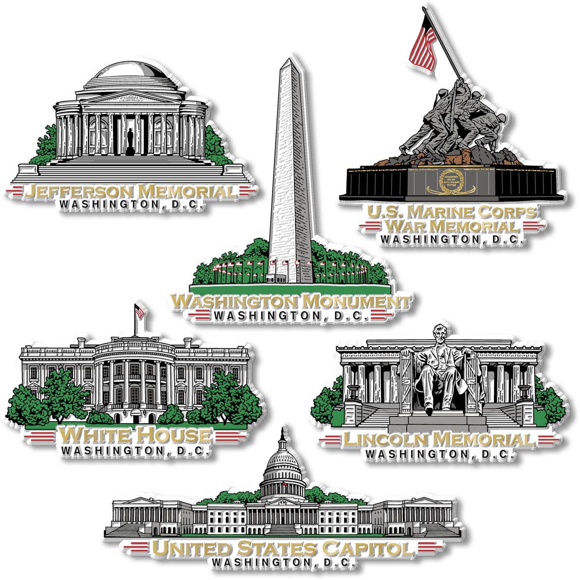 Washington DC Monument Magnet Set of 6 by Classic Magnets, Collectible Souvenirs Made in The USA
