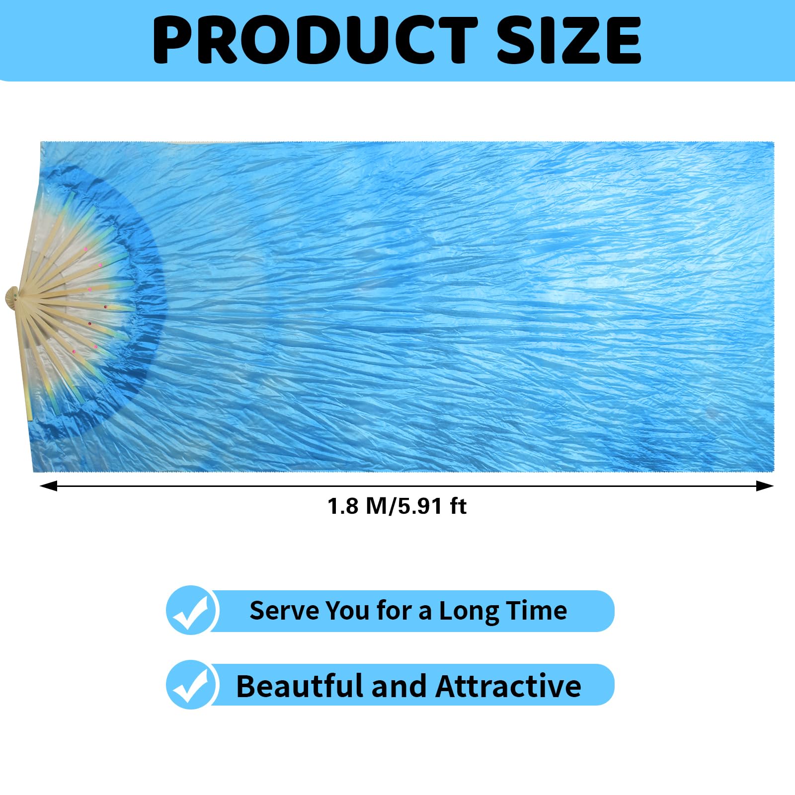 WEISIPU Hand-Made Faux Silk Belly Dance Fan Veils - Bamboo Long Fans Veils Available in 8 Stunning Colors for Dance Performances Right Hand (Blue)