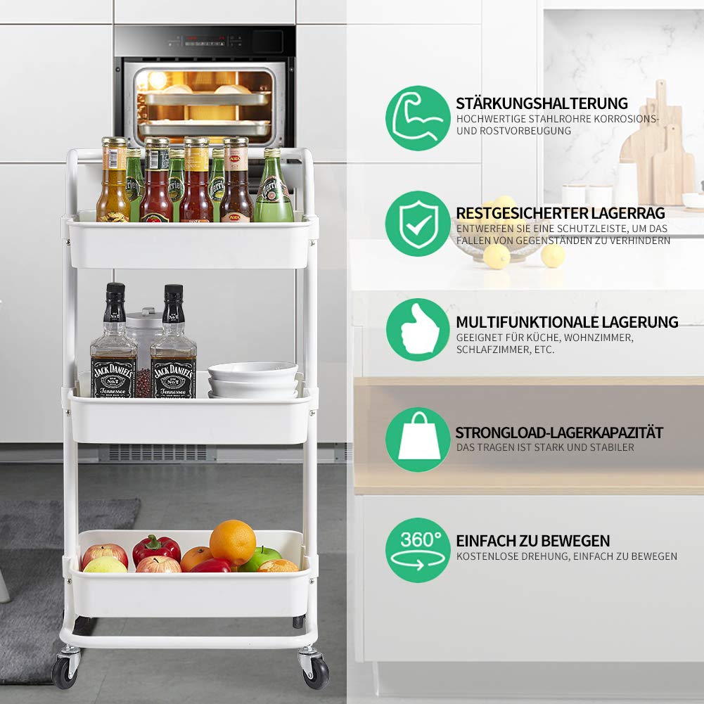 Micoe Utility Carts with Wheels, Practical Handle and ABS Storage Basket, 3 Tier Rolling Cart Organizer, White, H-T001W