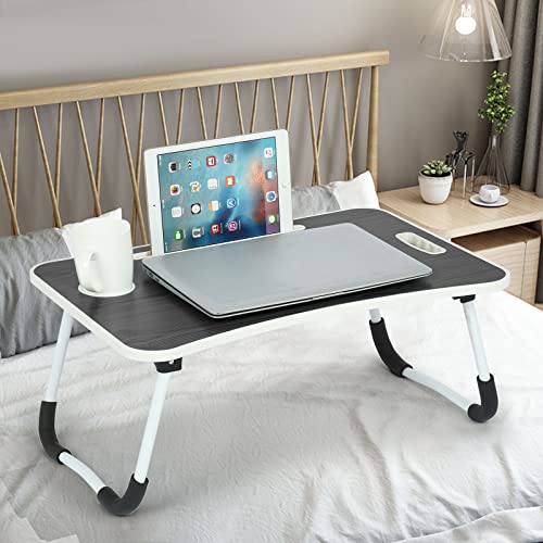 Micozy Bed Desk Laptop Table with Drawer Cup Holder Stand Groove Handle, 23.6 Inch Portable Lightweight Bed Table Tray Lap Desk for Working, Studying, Eating, Blue/Black Desk