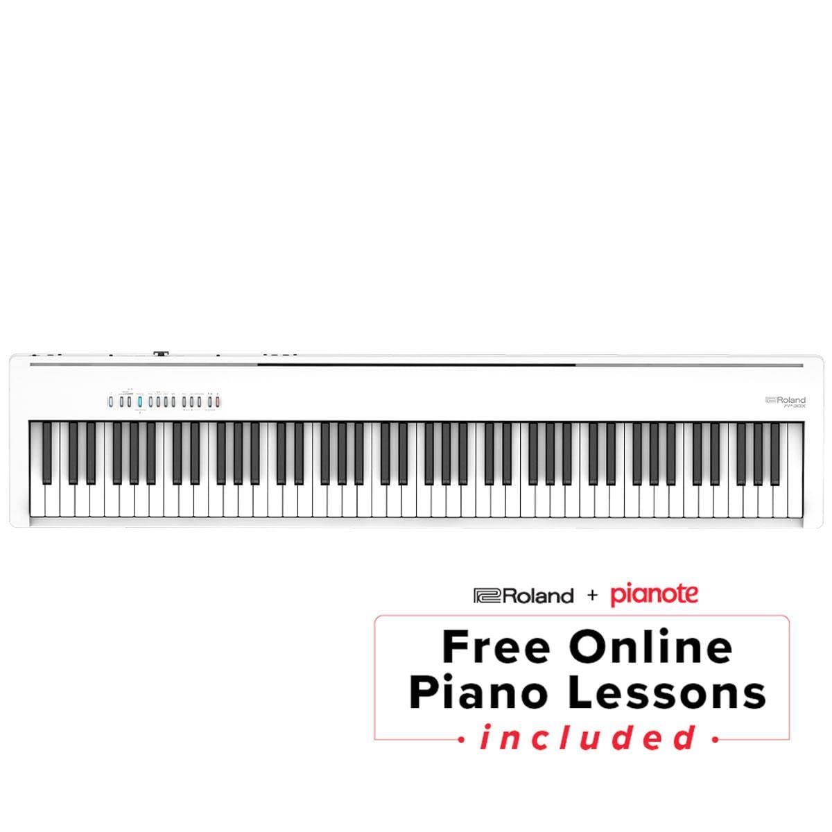 Roland FP-30X 88 Keys SuperNATURAL Portable Digital Piano, White Bundle with H&A Studio Monitor Headphones, Keyboard Stand, Bench and Sustain Pedal