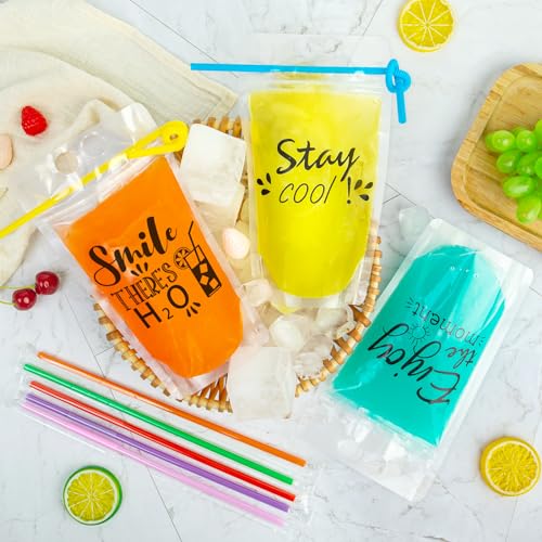 Ozera 50 Pcs Drink Pouches for Adults, Reusable Drink Pouches with Straws Funnel, Funny Text Juice Pouches for Adults Teen, Novelty Hand-held Plastic Smoothie Pouches for Drinks(5 Styles)