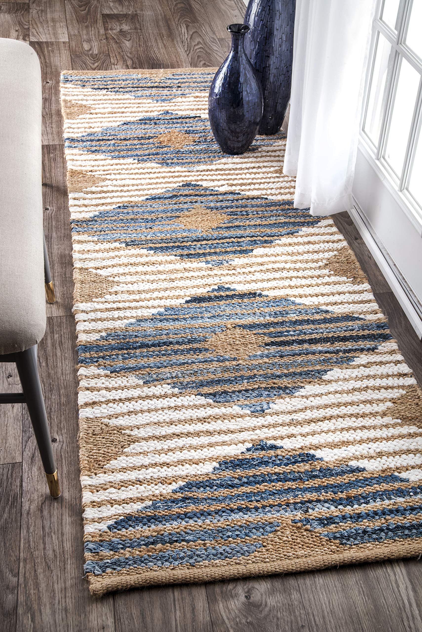 nuLOOM Hand Braided Marla Denim And Jute Diamonds Runner Rug, 2' 6" x 6', Off-white