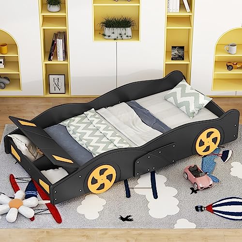 Morhome Twin Size Race, Car-Shaped Platform Wheels and Storage, Bed for Kids, Girls, Boys, Black+Yellow