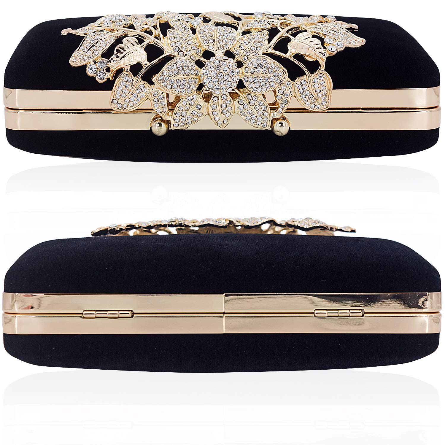 MagicLove Womens Evening Bag with Rhinestone Crystal Flower Closure Velvet Clutch Purse for Wedding Party Black