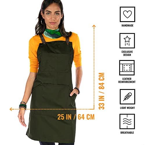 Under NY Sky Essential Army Green Apron β Cross-Back with Durable Twill and Leather Reinforcement β Adjustable for Men and Women β Pro Chef, Tattoo Artist, Baker, Barista, Bartender, Server Aprons