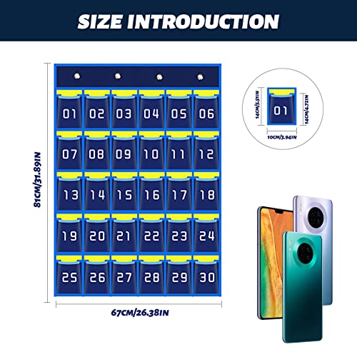 Numbered Hanging Pocket Chart, Classroom Mobile Phone Bag Digital Pocket, Wall Door Hanging Organizer for Teacher Student Hanging Cards Cell Phones Sundries (Dark Blue, 60 Pockets)