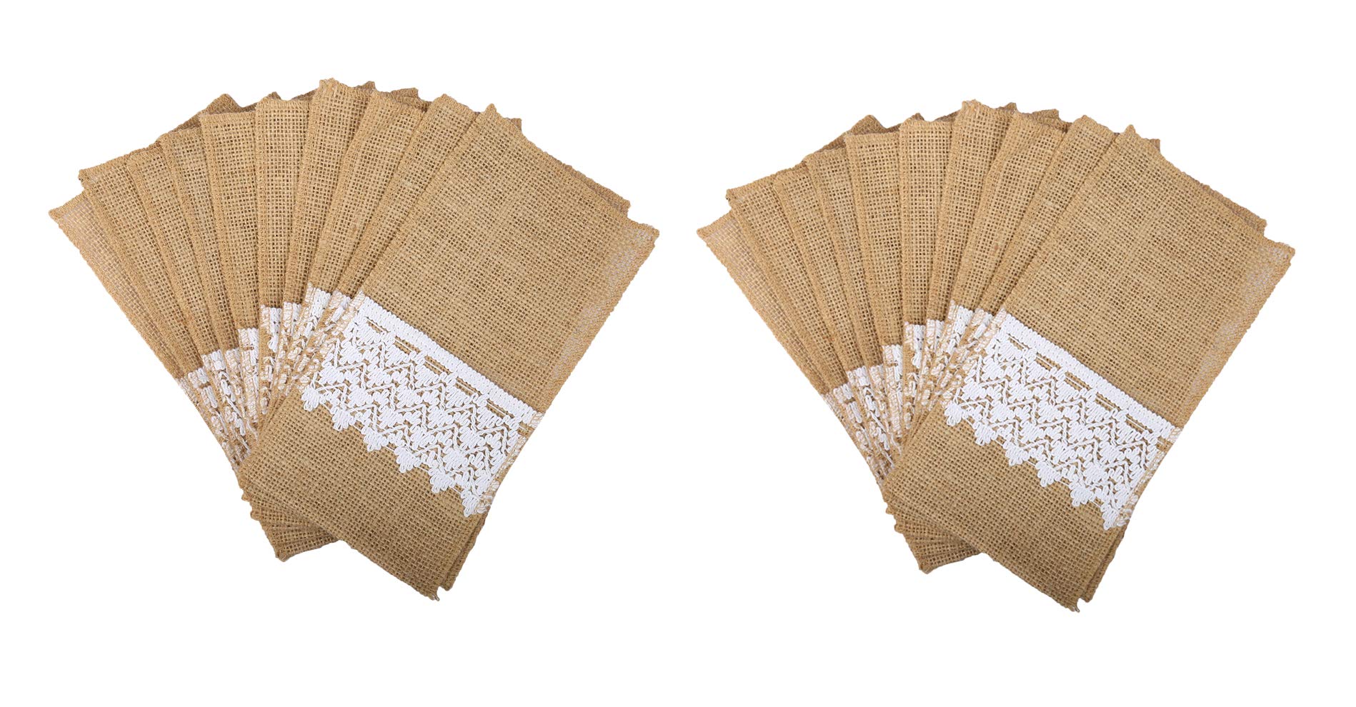 RAJRANG Pack of 20 Natural Burlap Cutlery Holder - 8x4 Inch Jute Pouch with Lace Silverware Napkin Holders Wedding Party Bridal Table Decoration