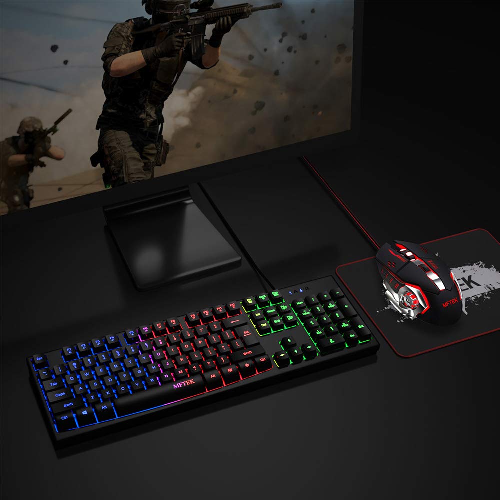 MFTEK Rainbow Gaming Keyboard and Mouse Combo, Wired RGB Backlit Gaming Keyboard and 4 Color Lighted Gaming Mouse Set with Mouse Pad for Computer PC Gamer Laptop Work
