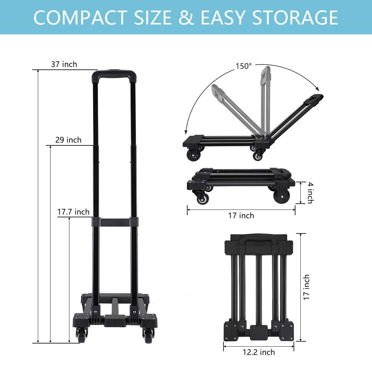 Orange Tech Folding Hand Truck, 220 lbs Heavy Duty Luggage Cart, 4 Wheels Solid Construction, Portable Fold Up Dolly, Compact and Lightweight for Luggage, Personal, Travel, Moving and Office Use