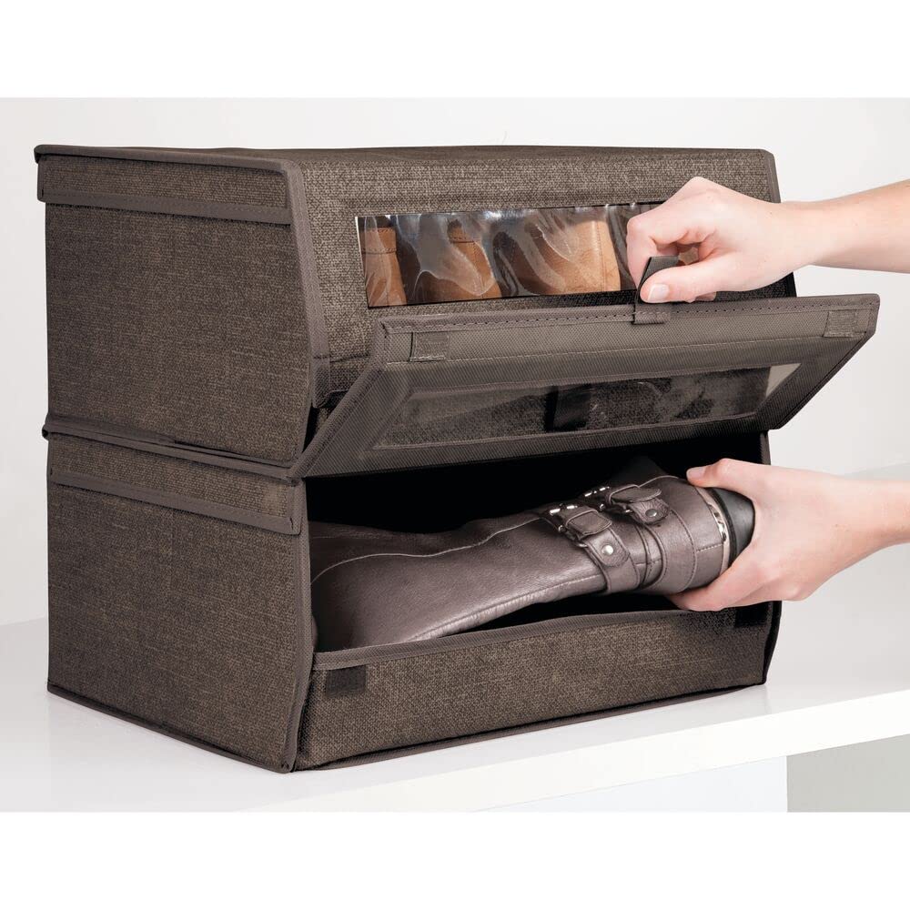 mDesign Large Fabric Closet Shoe Storage Box w/Clear Window - Shoe, Sandal, Sweater, Linen, Clothes Organizer - Boot Storage Solutions - Shoe Bin - Lido Collection, Espresso Brown