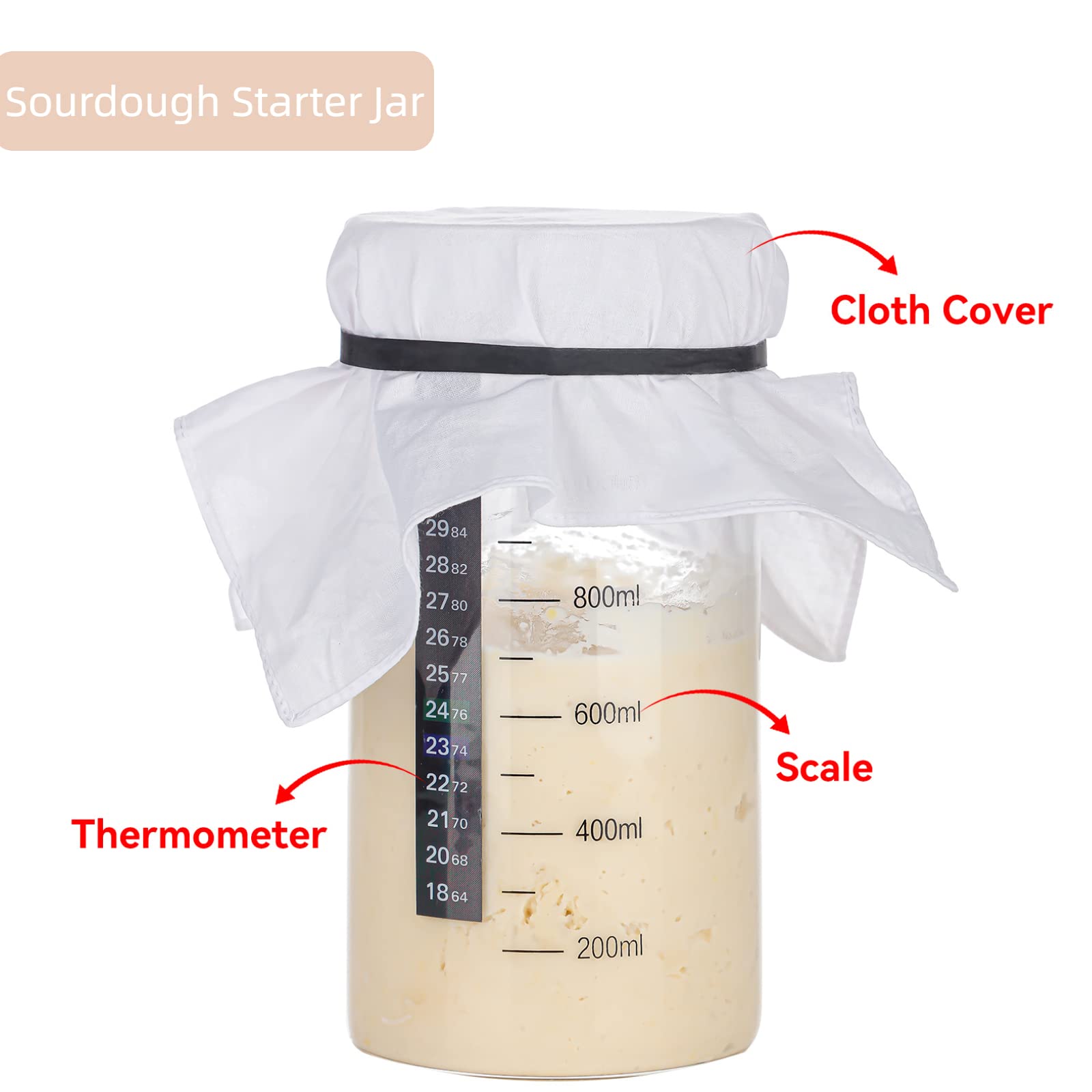 MFANBLAS Sourdough Starter Jar, 40oz Wide Mouth Sour Dough Starter Container with Thermometer, Scraper, Bamboo Lid & Cloth Lid, Sourdough Starter Kit as Sourdough Bread Baking Supplies