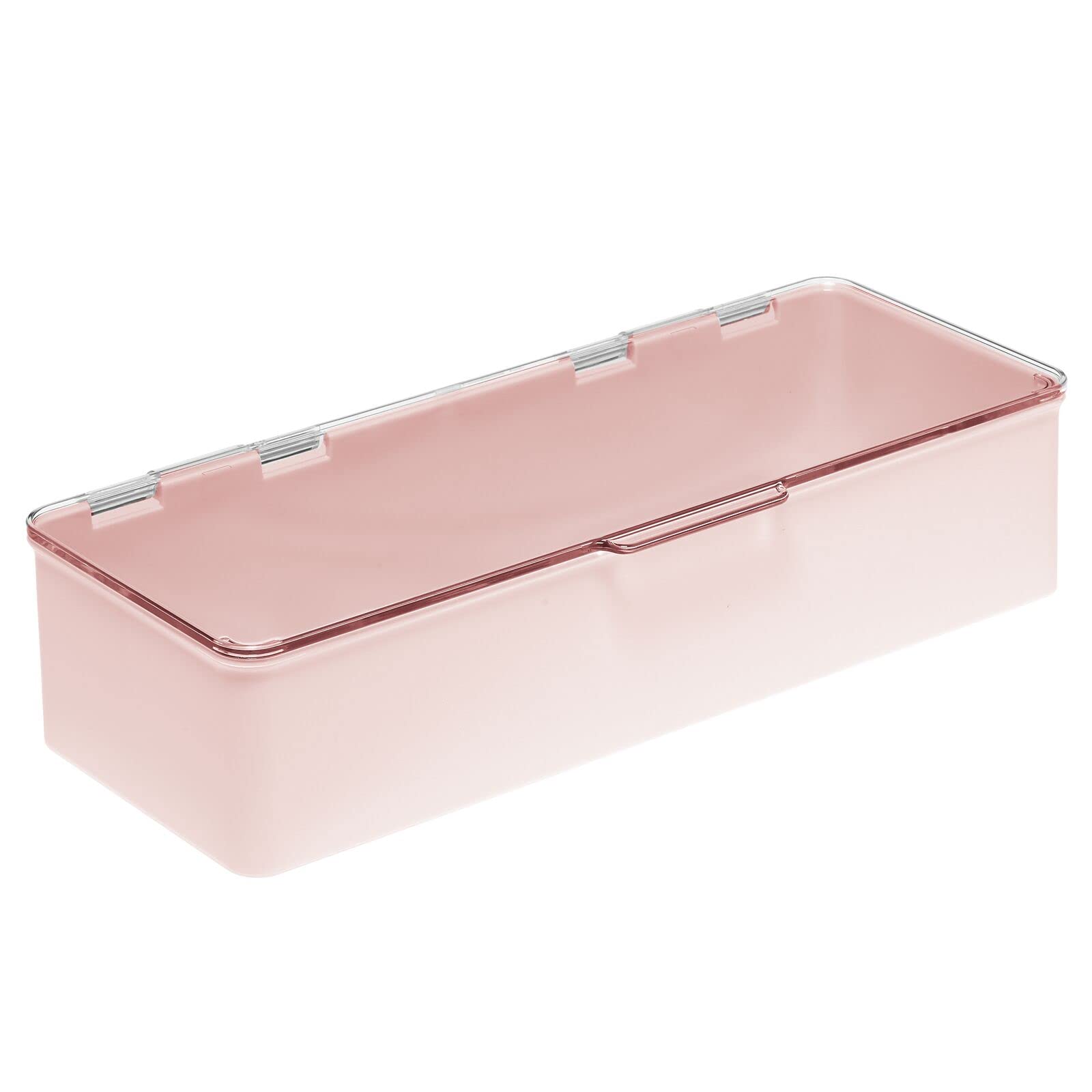 mDesign Long Plastic Household Stackable Storage Organizer Box Containers with Hinged Lid for Bedroom, Bathroom, Entryway, Hallway, Kitchen, Garage, Playroom, or Craft Room, Light Pink/Clear