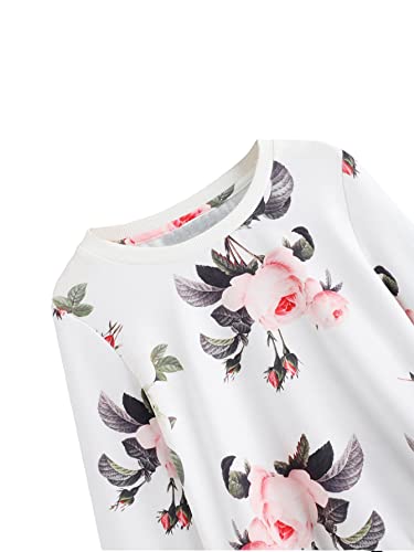 Romwe Girl's Kids Casual Floral Pirnt Long Sleeve Round Neck Sweatshirt White 140