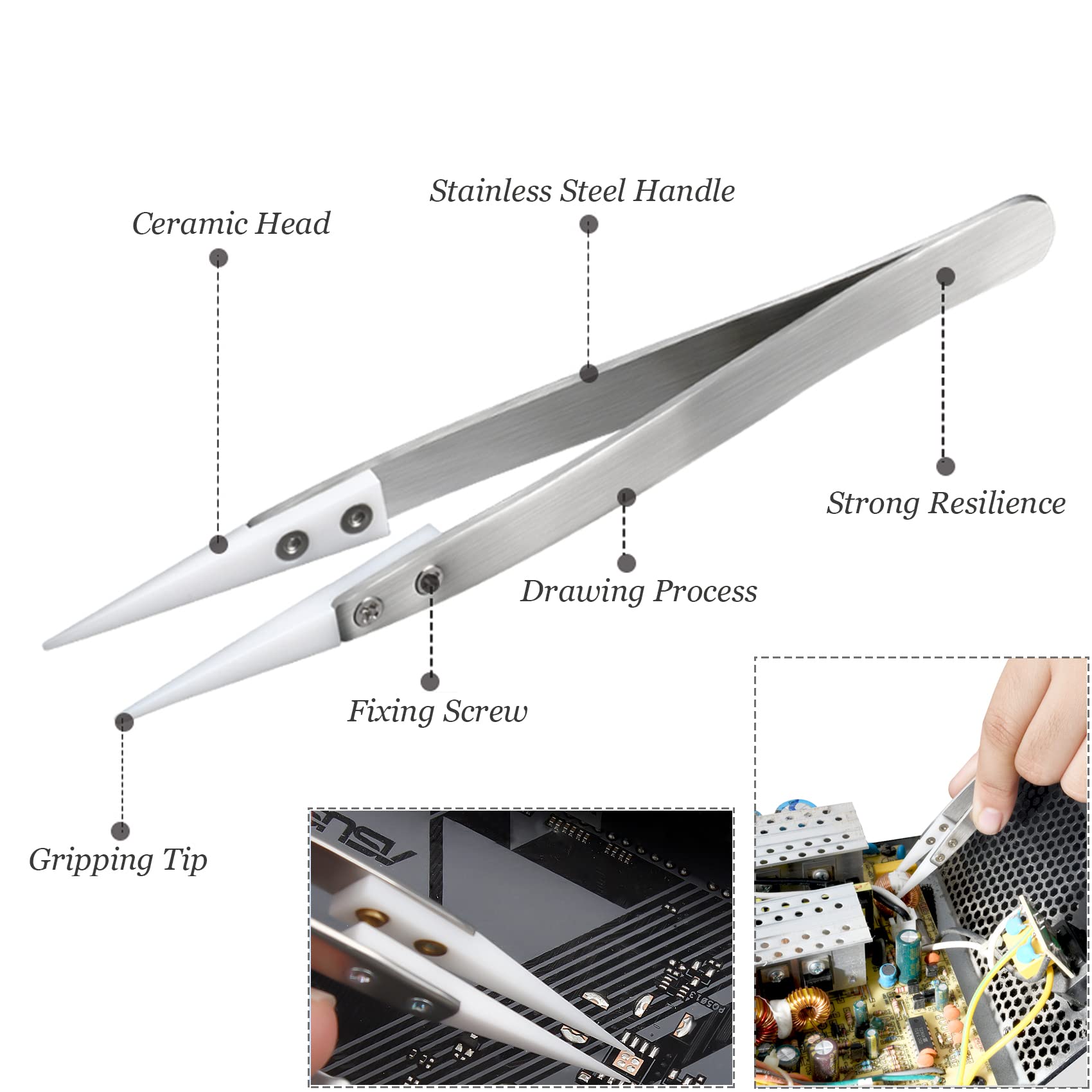 Muye 3Pcs Silver Ceramic Tweezers Non-Conductive Heat Resistant Tweezers Straight, Small Curved, Large Curved Tip Anti-Static Electronic Tweezers for Precision Parts