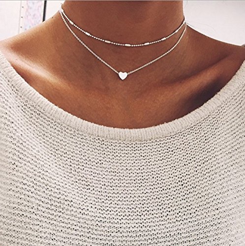 MAIHAO 925 Silver Double Layer Necklace Heart Choker Chunky Chain Bib Necklace Women Jewelry Pendant GF (Silver)