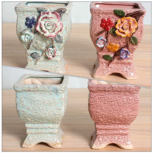 VOSAREA Hand Painted Square Succulent Planter Cactus Planter Pot Bonsai Pot Clay Pot Flower Pot Floral Design Random Color