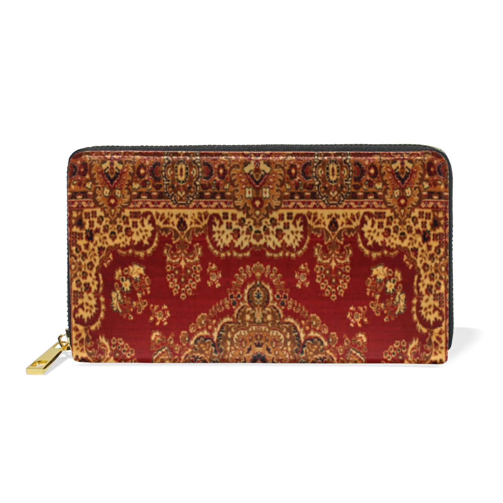 Vintage Persian Carpet Texture Red Retro Style Leather Long Wallet Organizer with Zipper Purse Clutch Bag for Women Men Key Card Coin Passport Checkbook