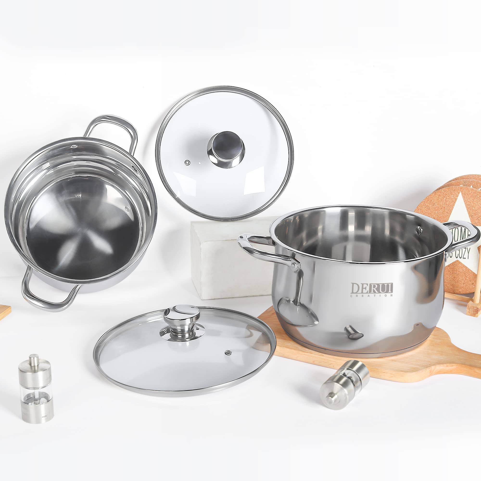 Stock Pots,5 QT Stainless Steel Saucepot with Glass Lid Silver Anti-scalding Handle Stockpot By DERUI CREATION (5QT(9.45โx6.10โ), Silver)