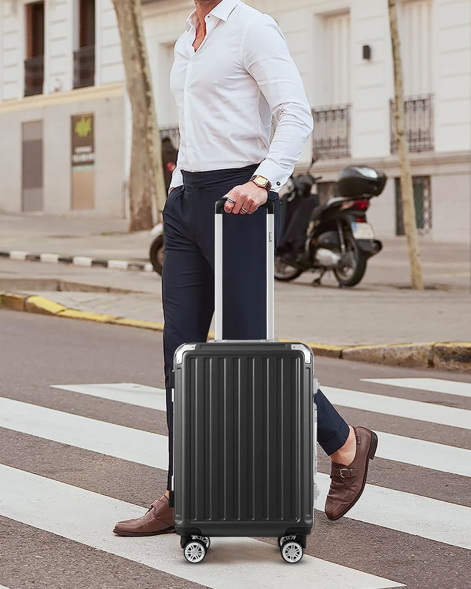 LUGGEX Luggage Sets 2 Piece with Aluminum Frame, Polycarbonate Zipperless Carry On and 28 inch Checked Luggage Set, Black Hard Shell Suitcase 4 Metal Corner