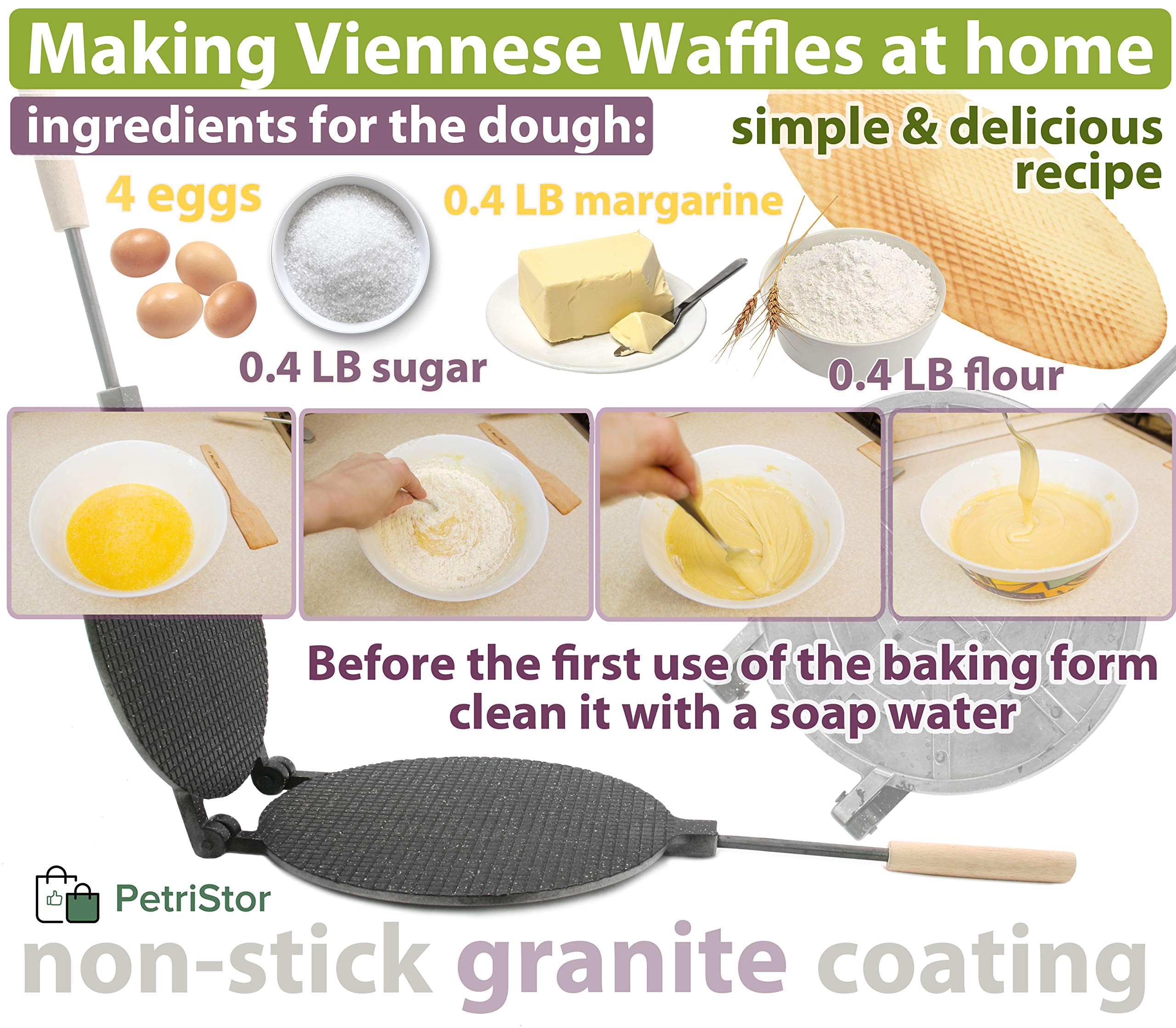 PetriStor Waffle Maker Round Has Nonstick Coating Size 8 in - Waffle Cone Maker - Krumkake Iron - Wafer Maker - Waffle Cone Maker Machine - Stroopwafel Maker - Ice Cream Cone Maker
