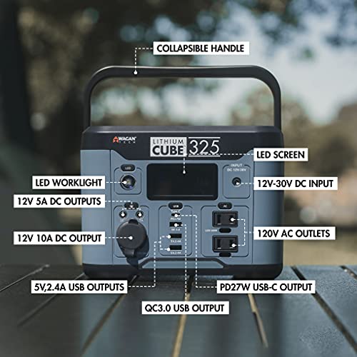 Wagan EL8832 Lithium Cube Portable Power Station 324Wh Backup Lithium Battery 120V 300W Pure Sine Wave AC Outlet 12V DC Outlet USB Outlet Solar Generator for Outdoors Camping Travel Hunting Emergency