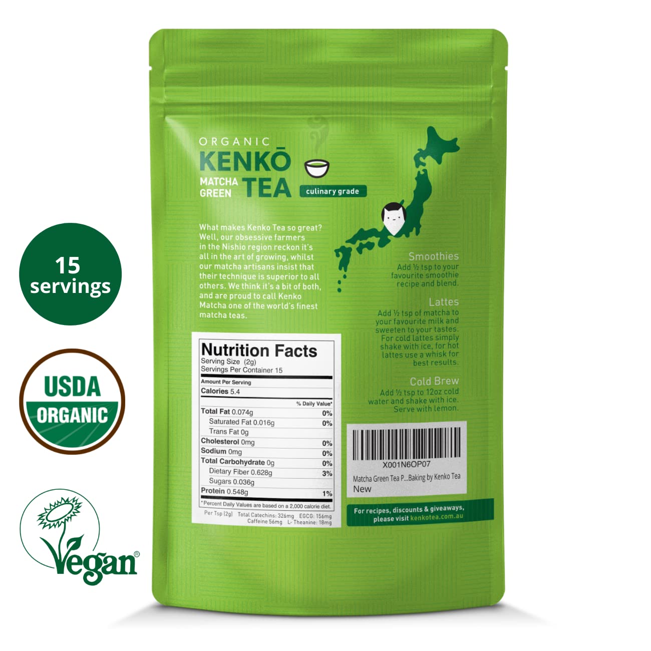 Matcha Green Tea Powder - USDA Organic, Pure & Authentic Japanese Matcha, Second Harvest Culinary Grade Matcha for Green Tea Lattes, Smoothies and Baking. 15 Serves in a 30g bag (1.06oz)