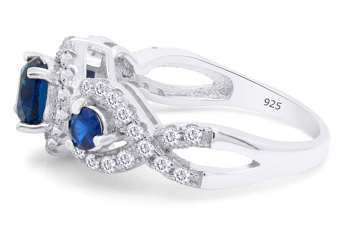 SAVEARTH DIAMONDS Infinity Style, Center 5MM Round Cut Simulated Blue Sapphire And Cubic Zirconia Three Stone Cluster Engagement Ring In 14k White Gold Over Sterling Silver For Women Size-10