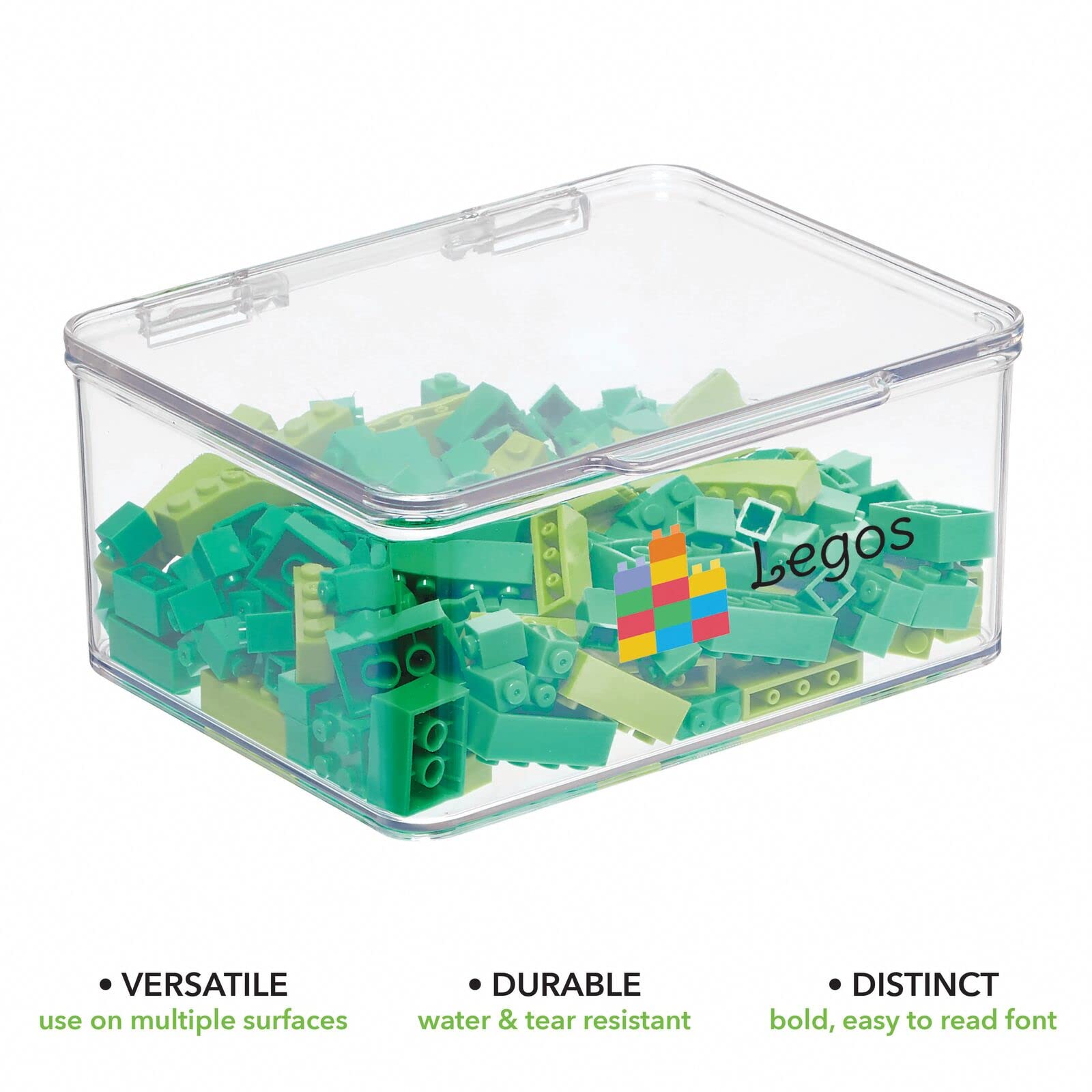 mDesign Plastic Stackable Storage Organizer Toy Box with Lid for Action Figures, Crayons, Markers, Building Blocks, Puzzles, Craft or School Supplies - Pack of 4, Includes 32 Labels - Clear